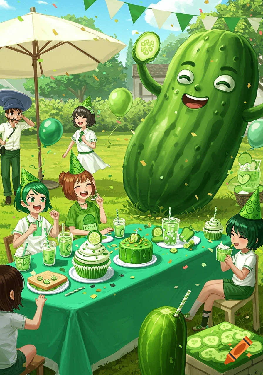 Cartoon image of a cucumber themed birthday party with children and a ...