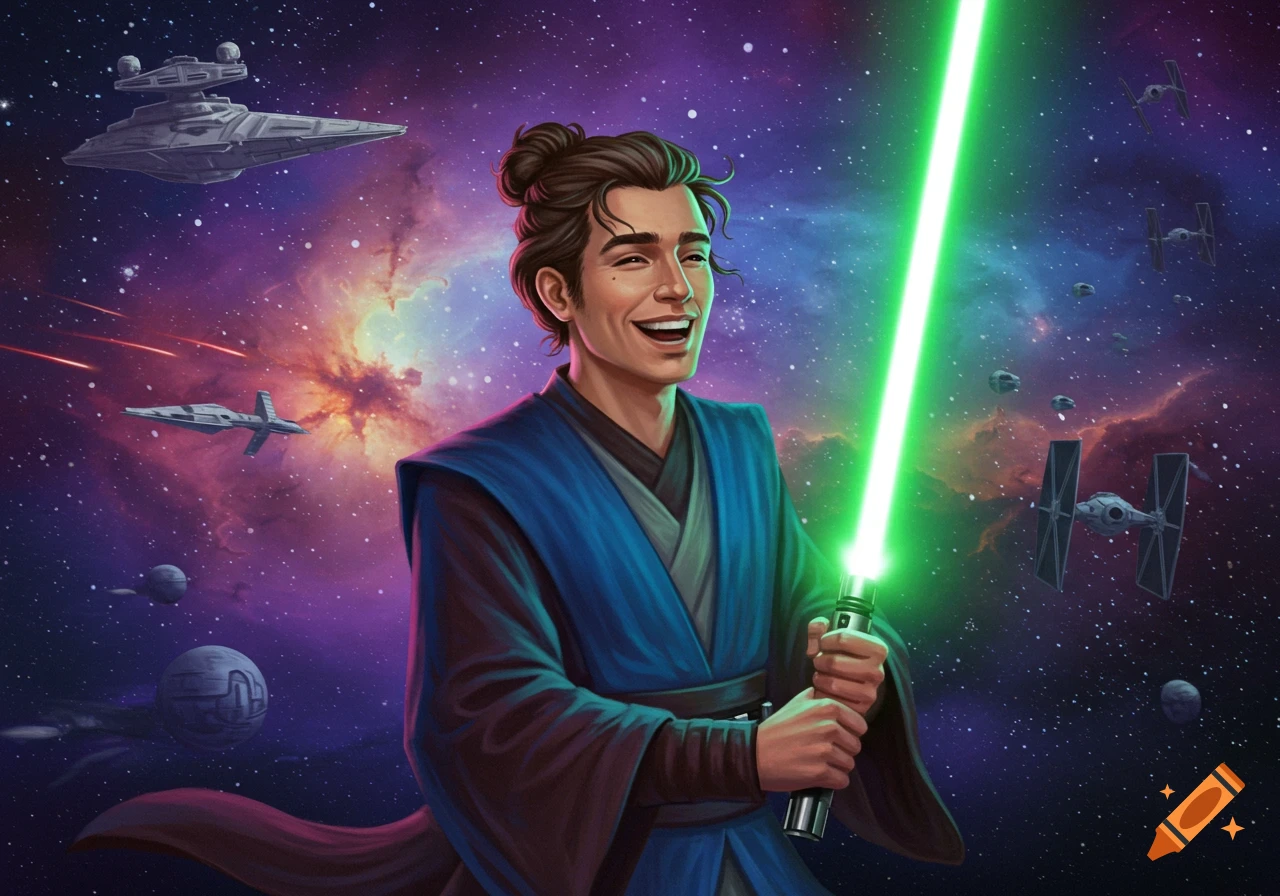 A happy Jedi Knight holds a green lightsaber in space with spaceships ...
