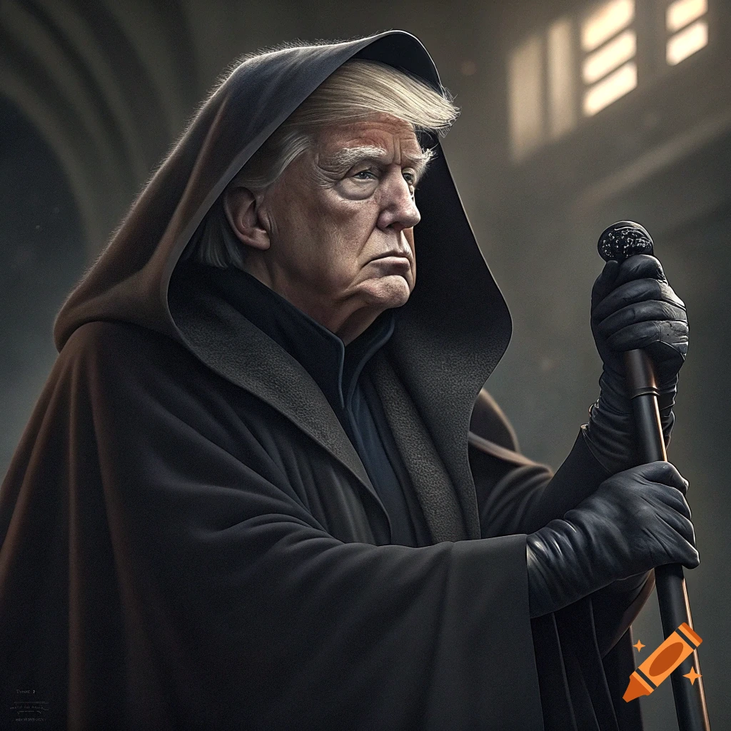 A man resembling Donald Trump in a dark hooded robe holds a staff, like ...