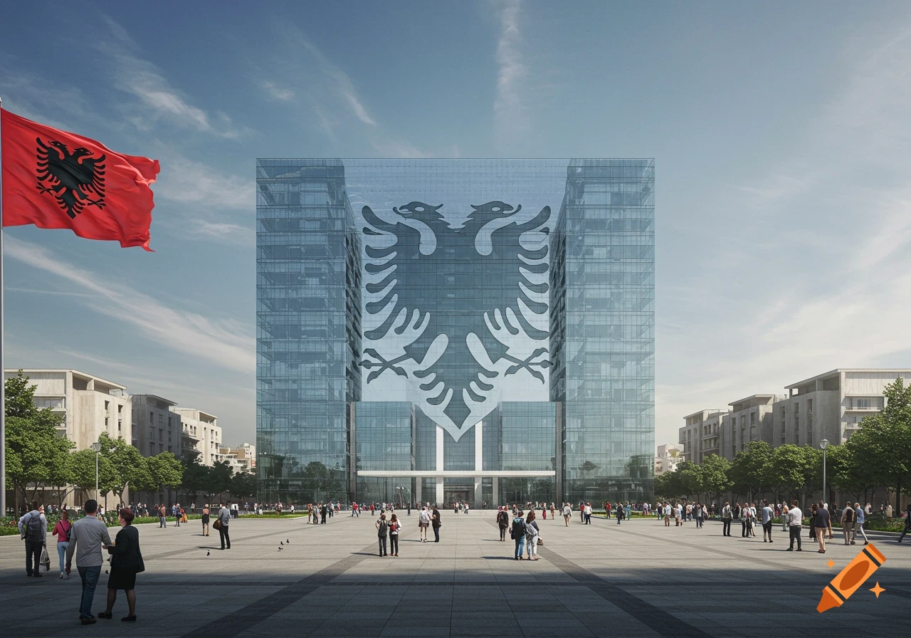 Large glass building with Albanian double eagle symbol, flag, and ...