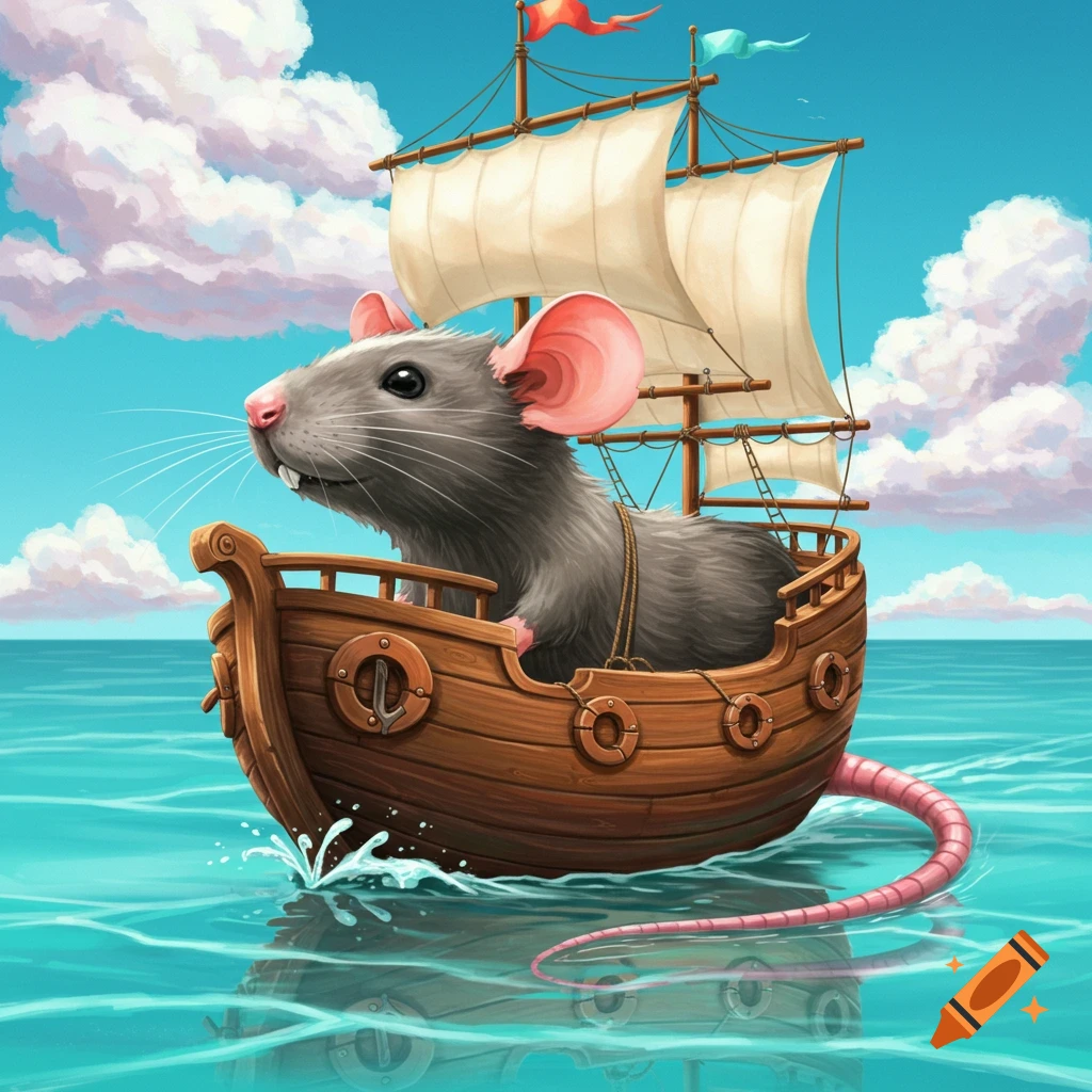 Cartoon rat sailing in a wooden boat on the sea under a cloudy sky. on ...