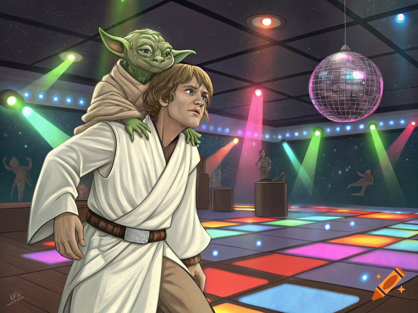 Illustration of Luke Skywalker with Yoda on his back in a disco with a ...