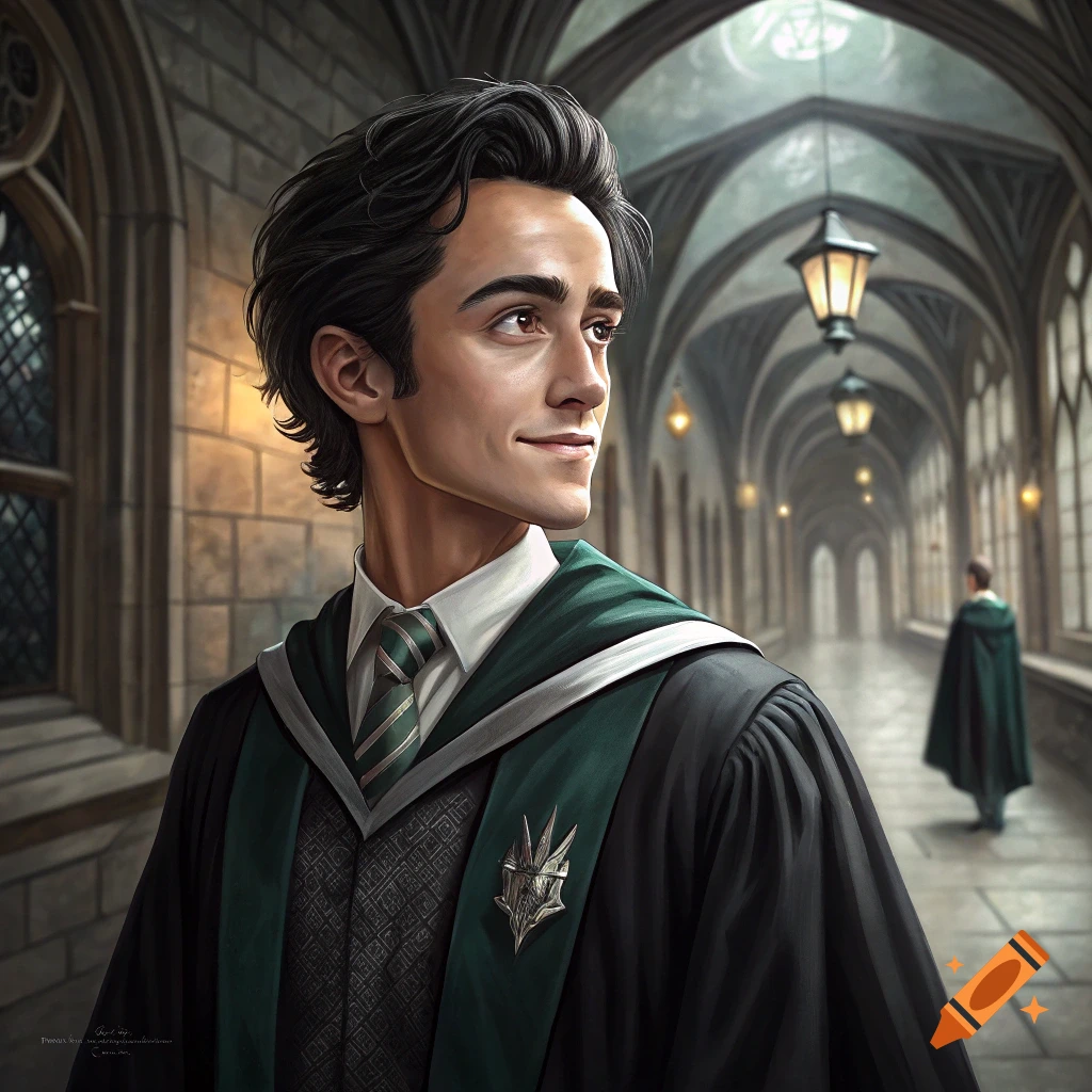 A young man in green and black wizarding robes looks over his shoulder ...
