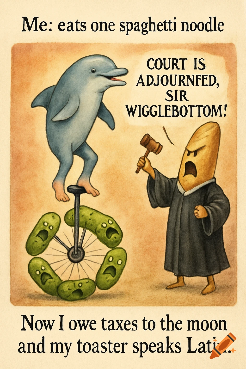 An illustration of a dolphin on a unicycle made of screaming pickles ...