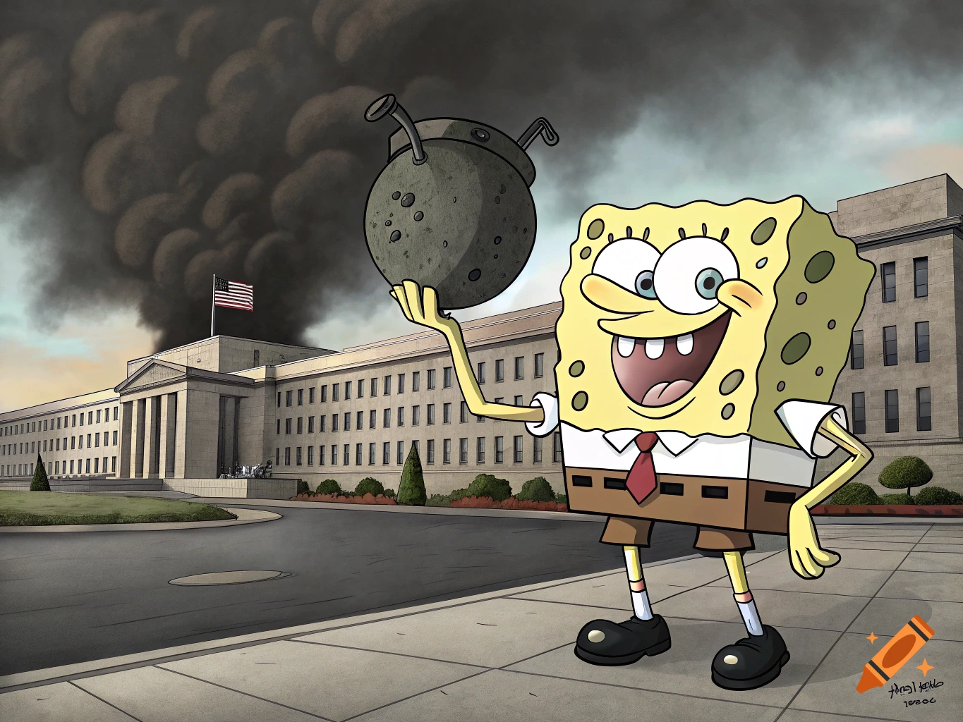 Cartoon of Spongebob Squarepants holding a bomb in front of a building ...