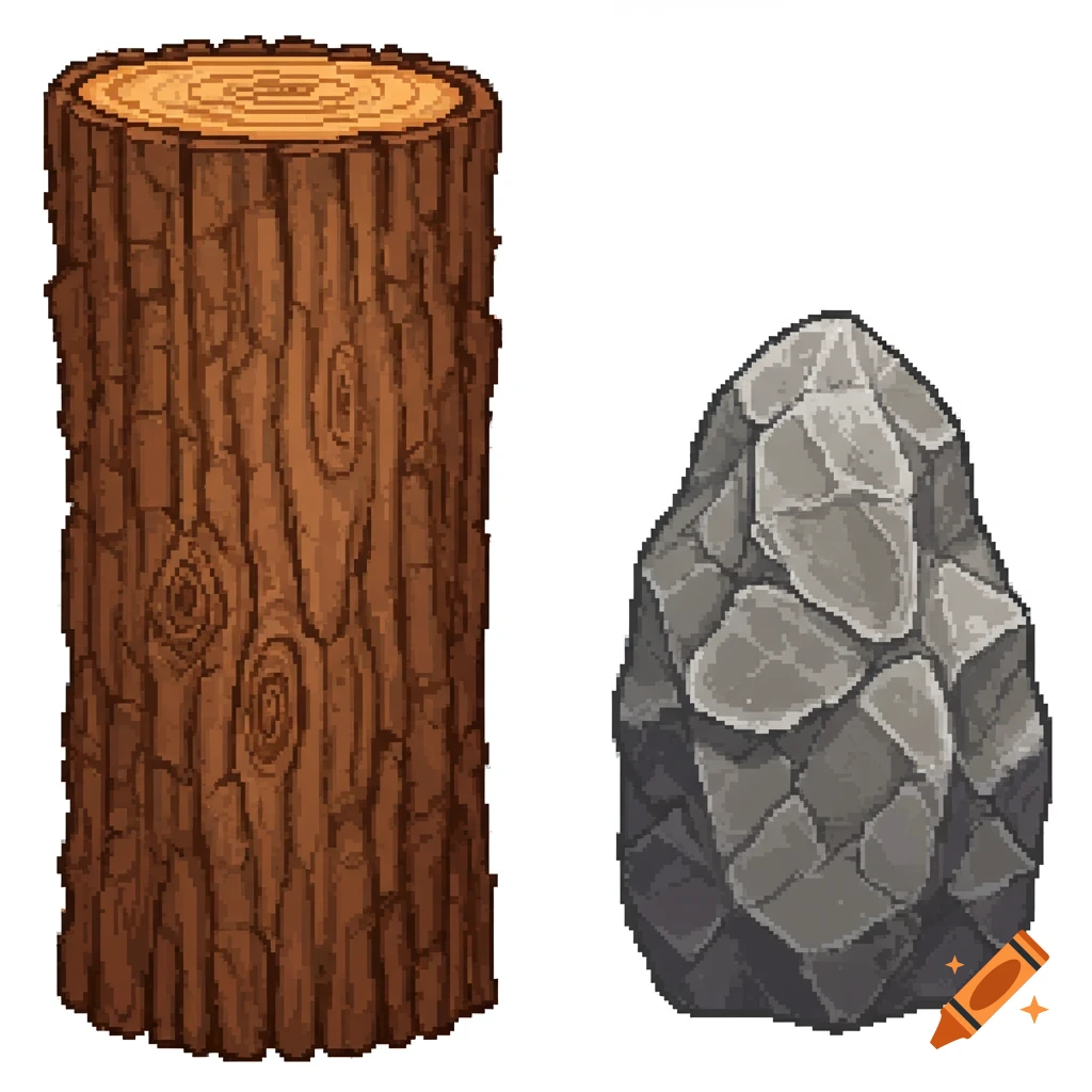 A pixel art sprite of a wooden log and a grey rock. on Craiyon