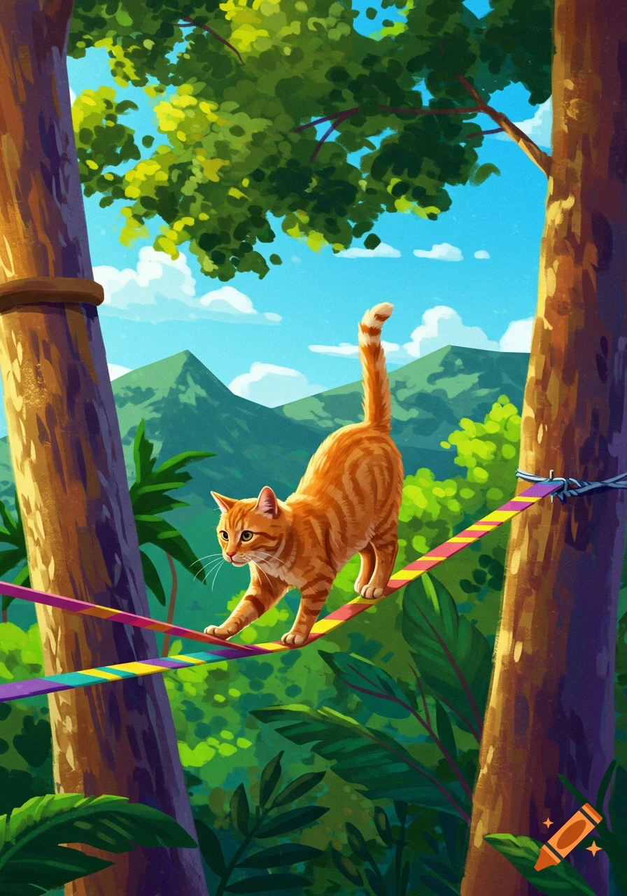 An orange tabby cat walks on a colorful slackline between trees in a ...