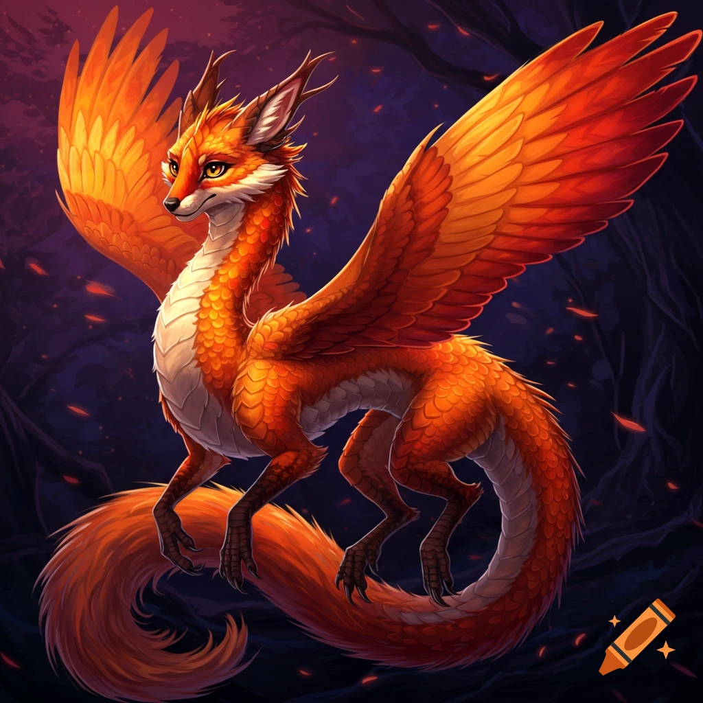 A vibrant orange winged fox-like dragon stands in a dark forest in ...