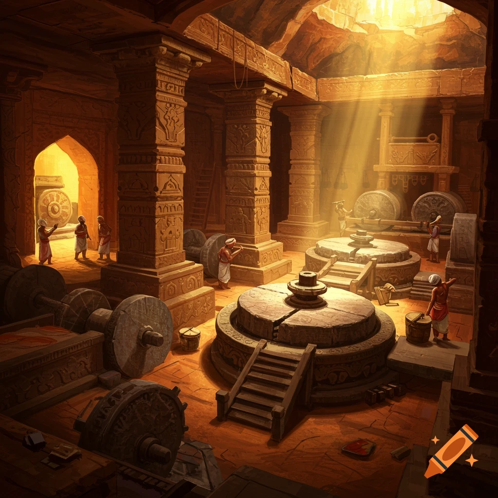 People work large grinding stones in a sunlit ancient underground ...