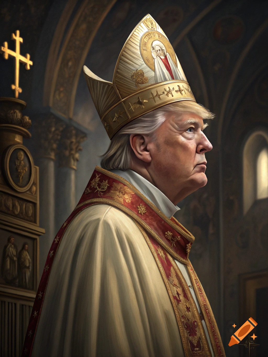 Donald Trump wearing a pope's mitre and robe in a church, portrait ...