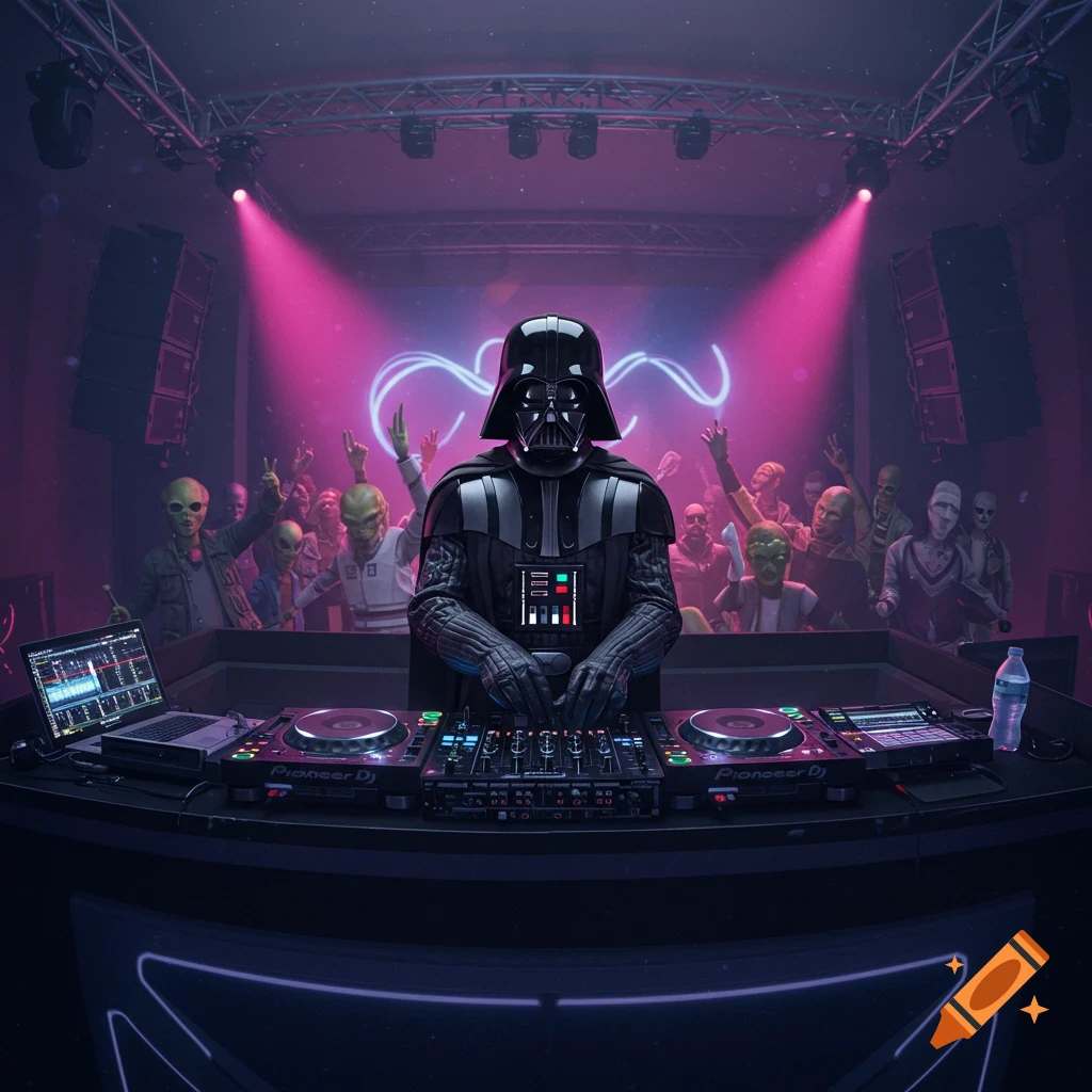Darth Vader DJing at a nightclub with alien dancers, photorealistic ...