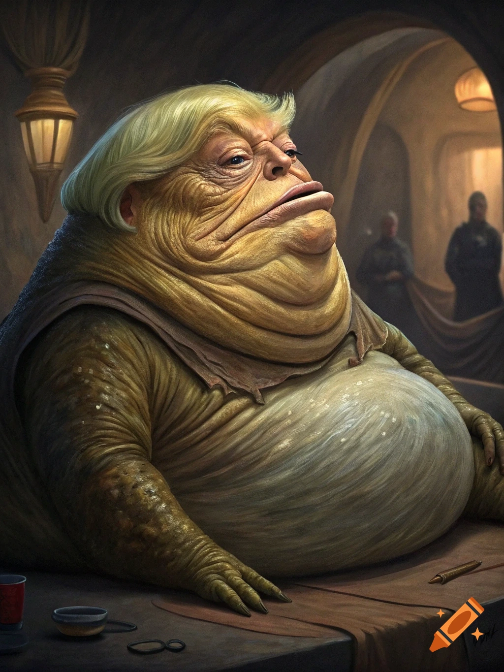 A realistic digital painting of Jabba the Hutt with the face of Donald ...