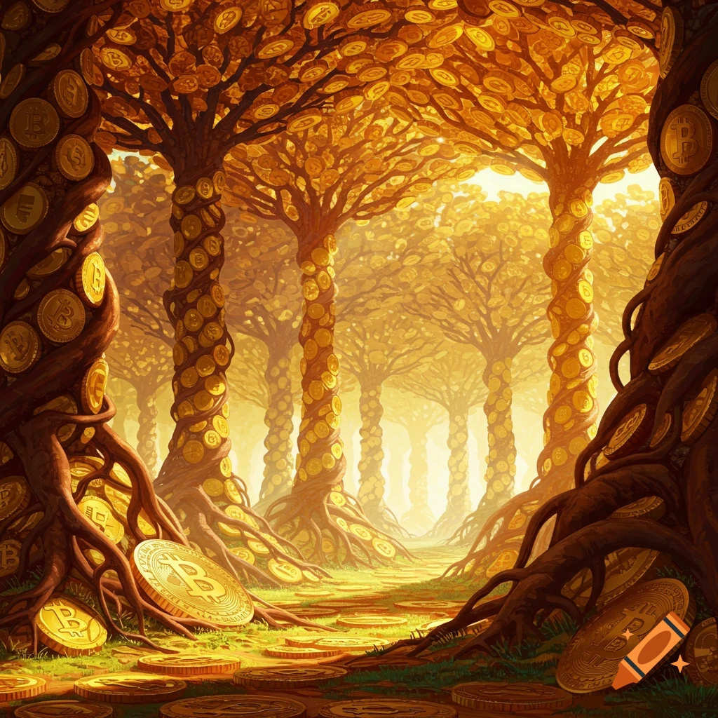 A surreal golden forest where trees and ground are covered in large ...