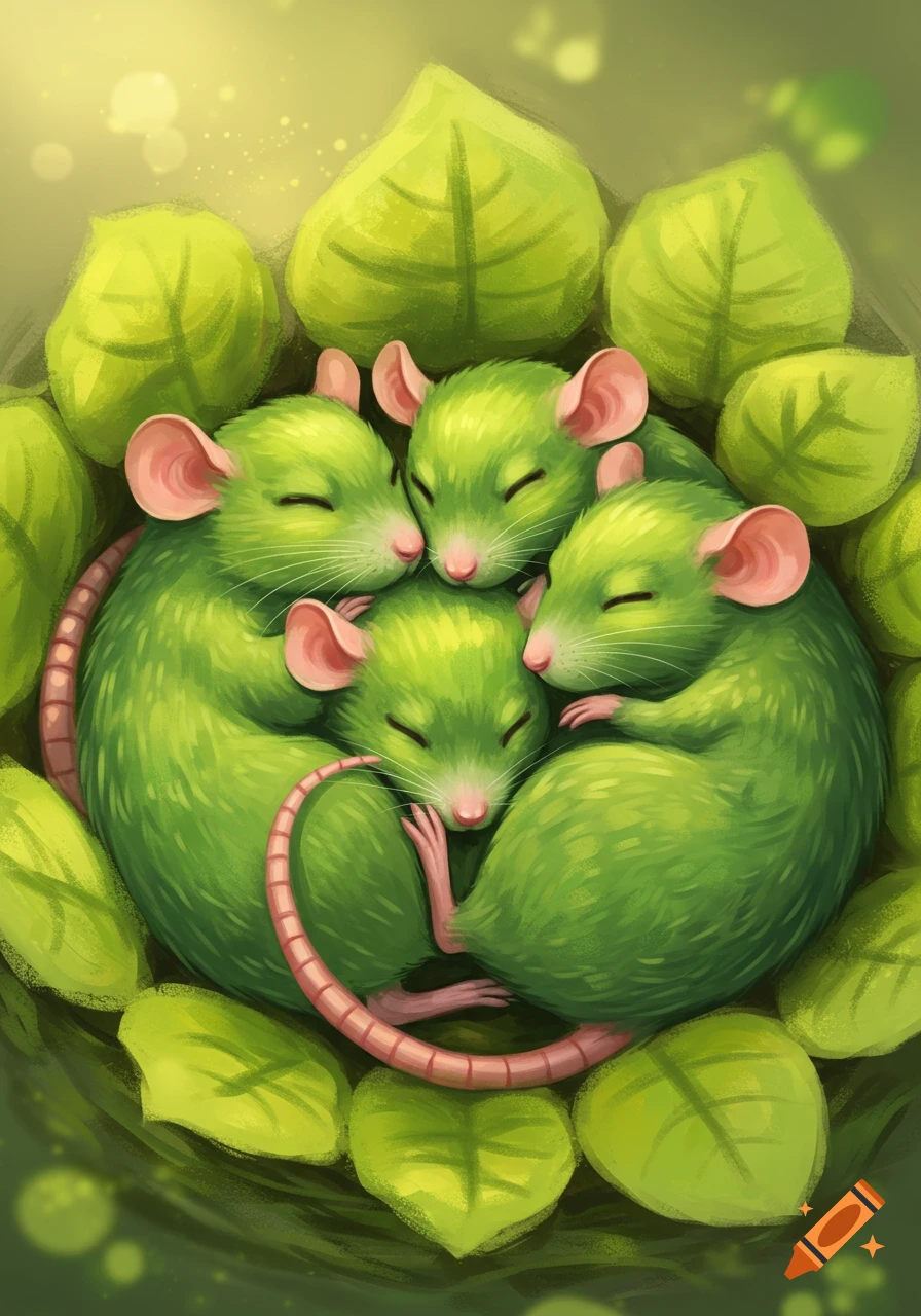 Illustration of four green rats sleeping cuddled together in a nest of ...