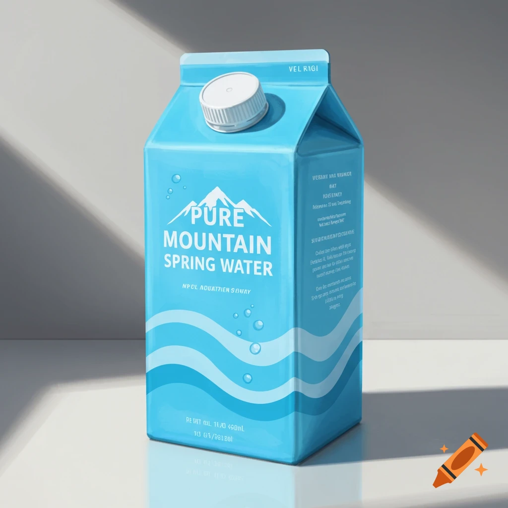 A light blue carton of water with a white cap, lit from the side. on ...