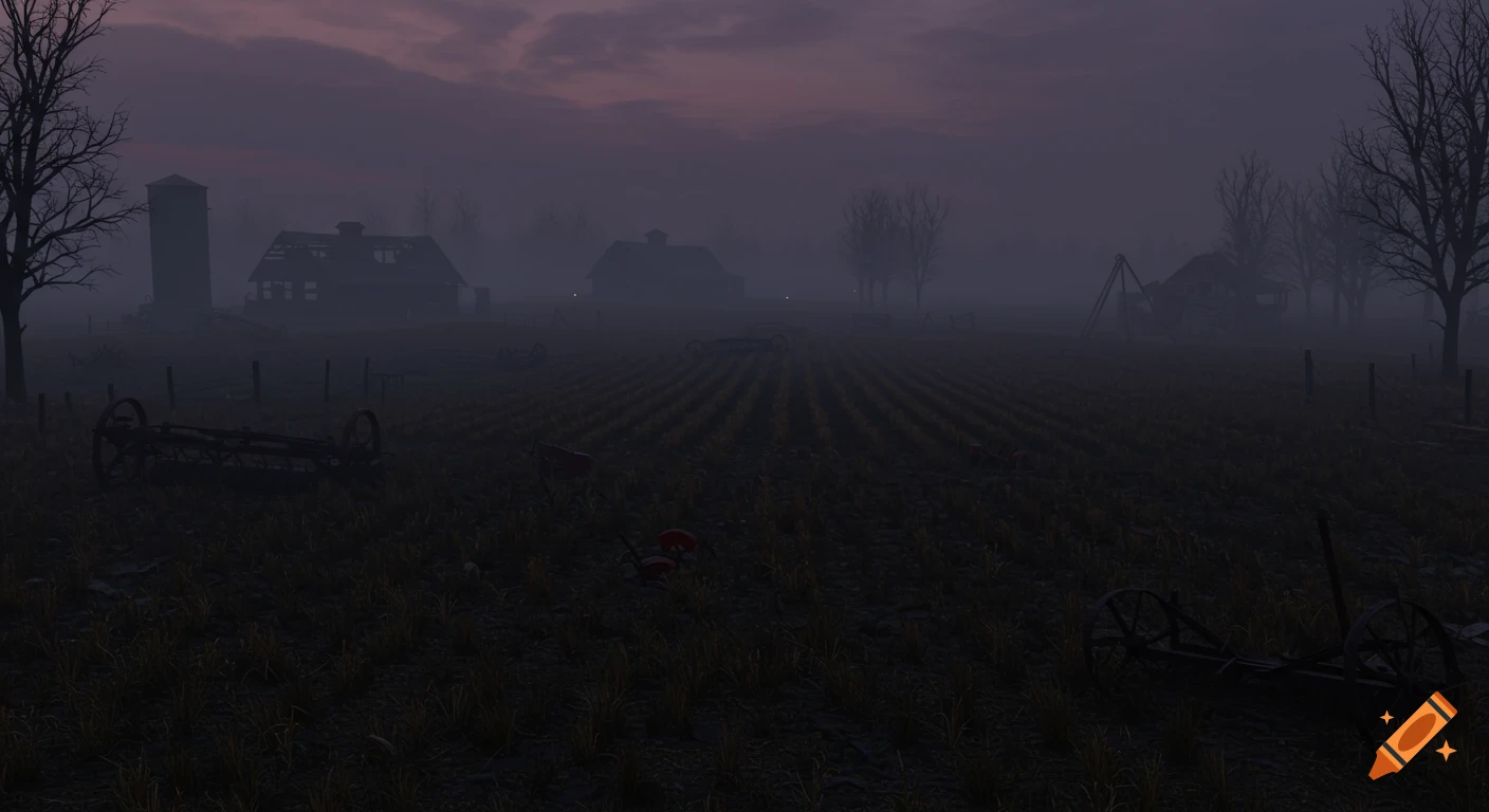A dark, foggy landscape shows an abandoned farm with fields, buildings ...
