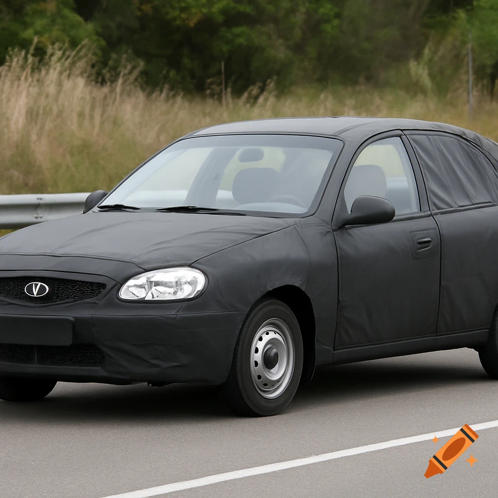 A black prototype car covered in camouflage fabric drives on a road. on ...