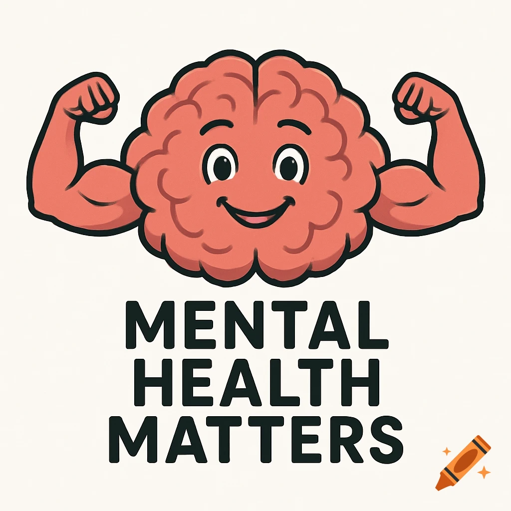 Cartoon brain with muscles smiling above 'Mental Health Matters' text ...