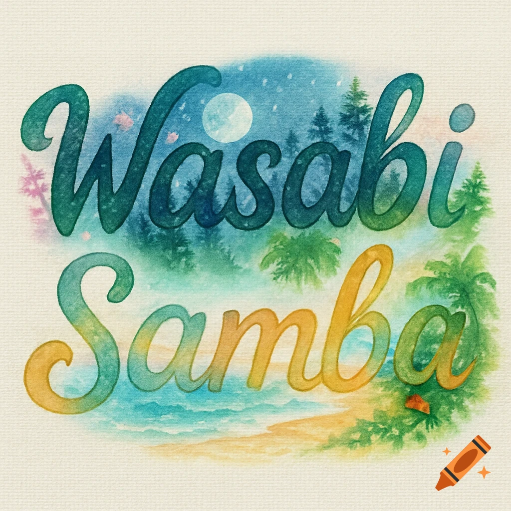 Watercolor text art logo for 'Wasabi Samba' with forest and beach ...