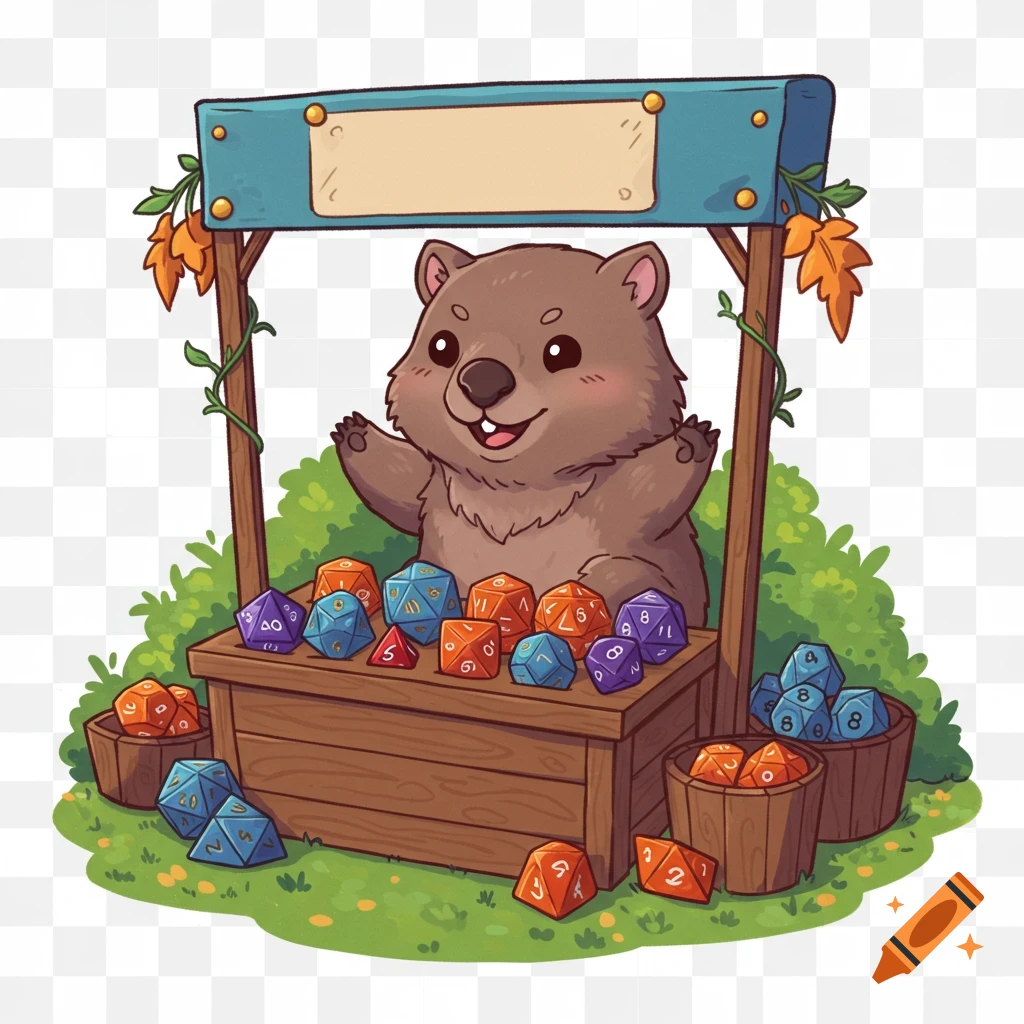 A cute cartoon wombat sits at a market stall selling colorful dice. on ...