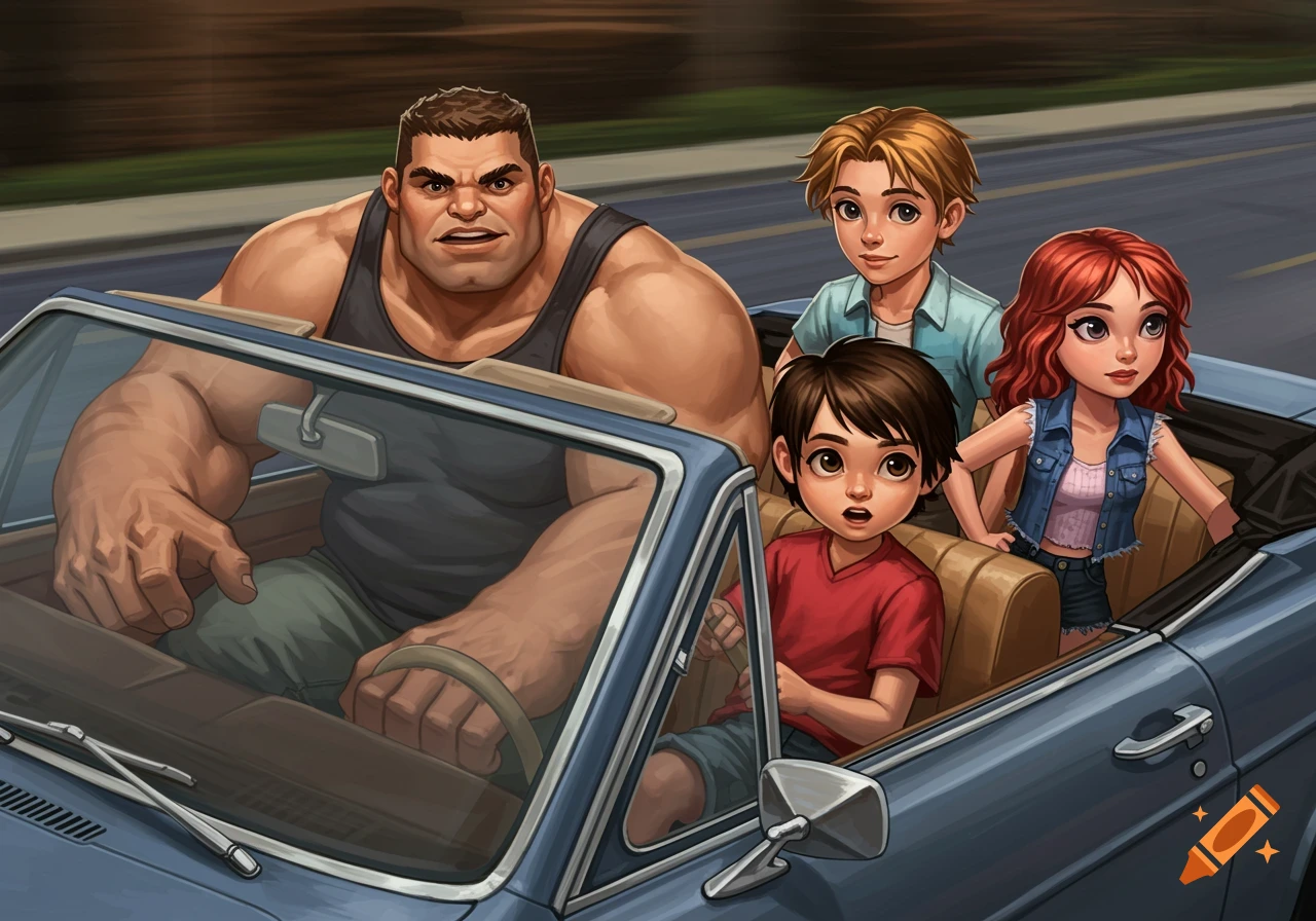 Illustration of a muscular man driving a convertible with three younger ...