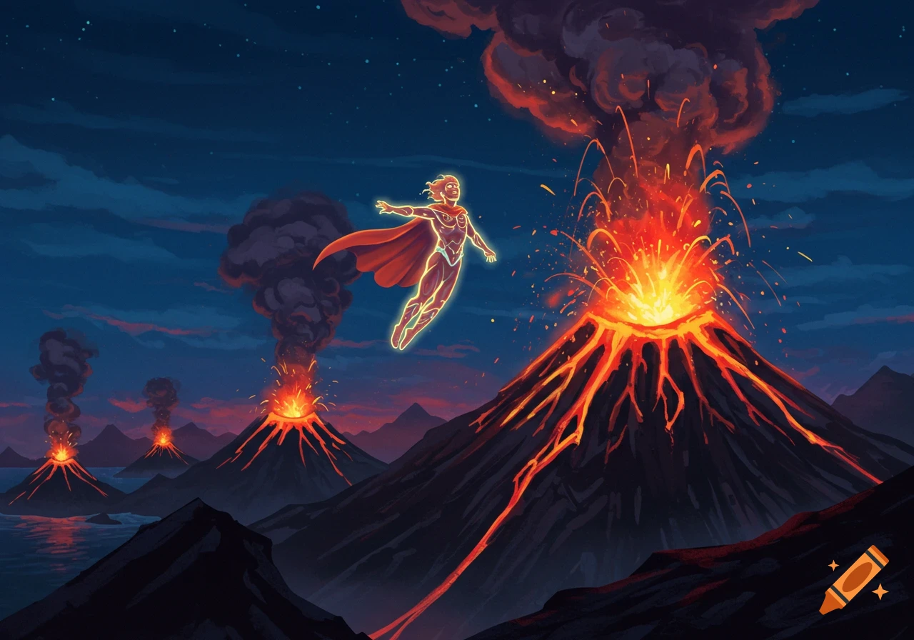 Illustrated figure in a red cape and glowing suit flies above erupting ...
