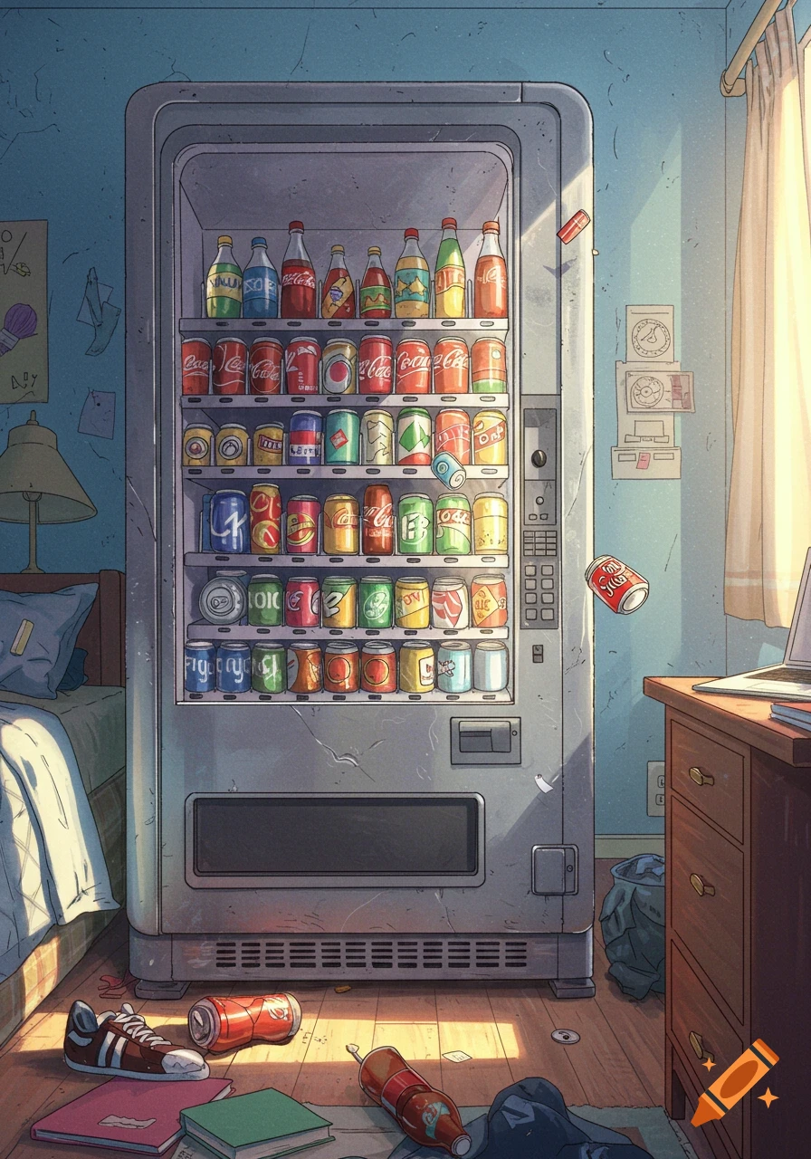 An illustration of a large vending machine full of soda cans and bottles in a messy bedroom with ...