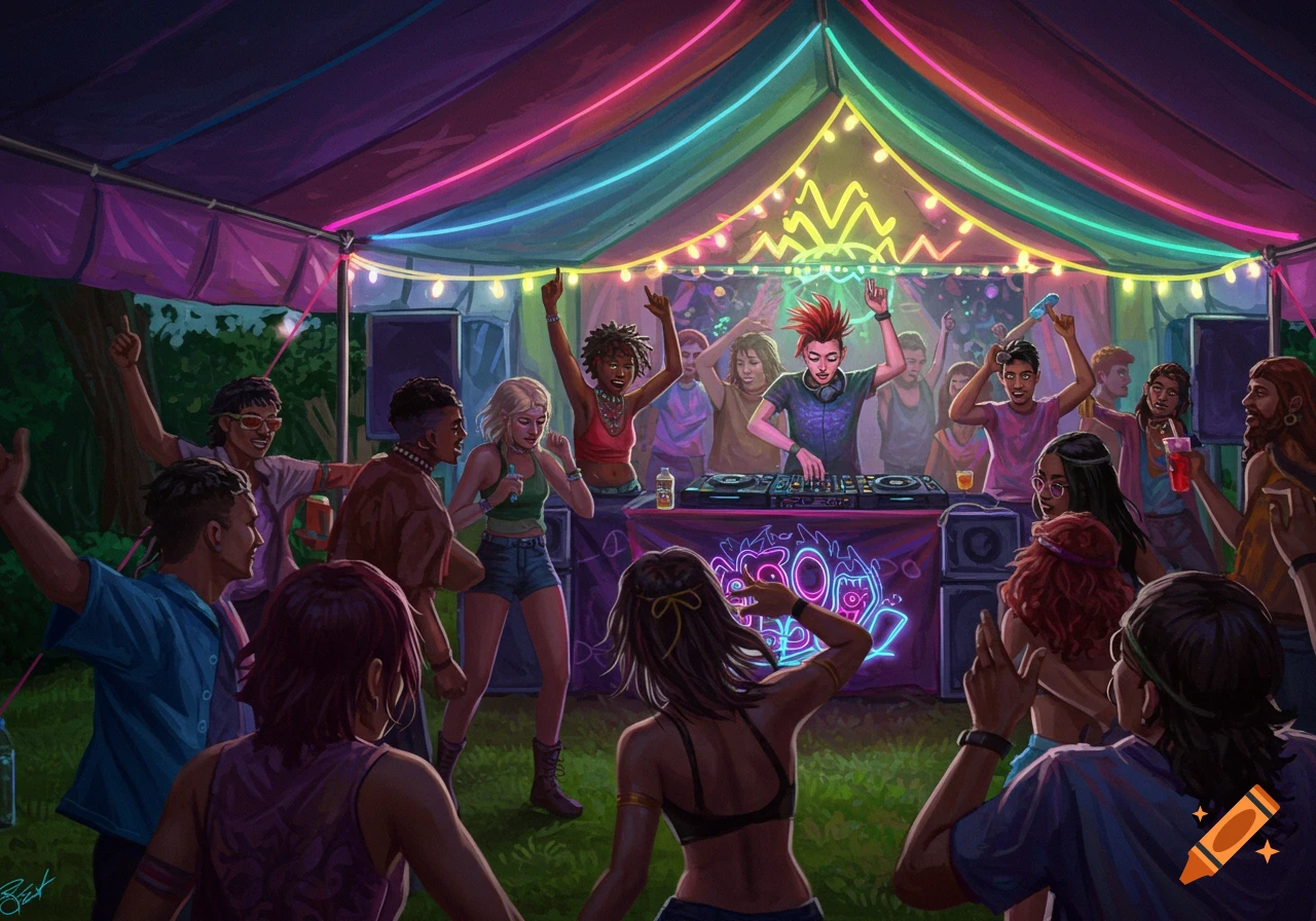 Illustration of a vibrant rave party under a colorful tent with a DJ ...