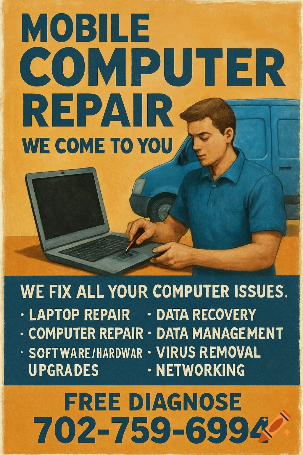 Retro illustration poster for mobile computer repair services, showing ...