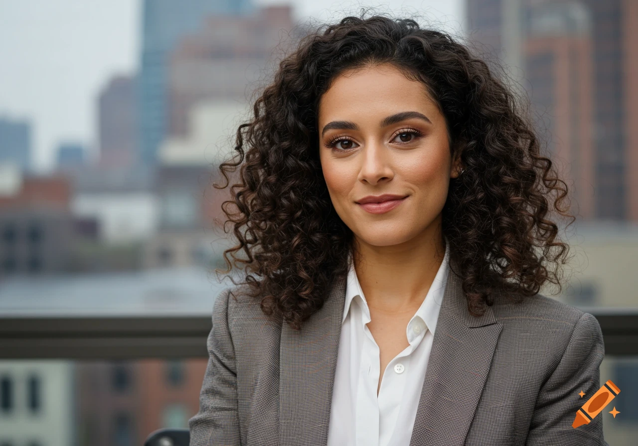 A woman with curly hair in a blazer smiles in front of a blurred city ...