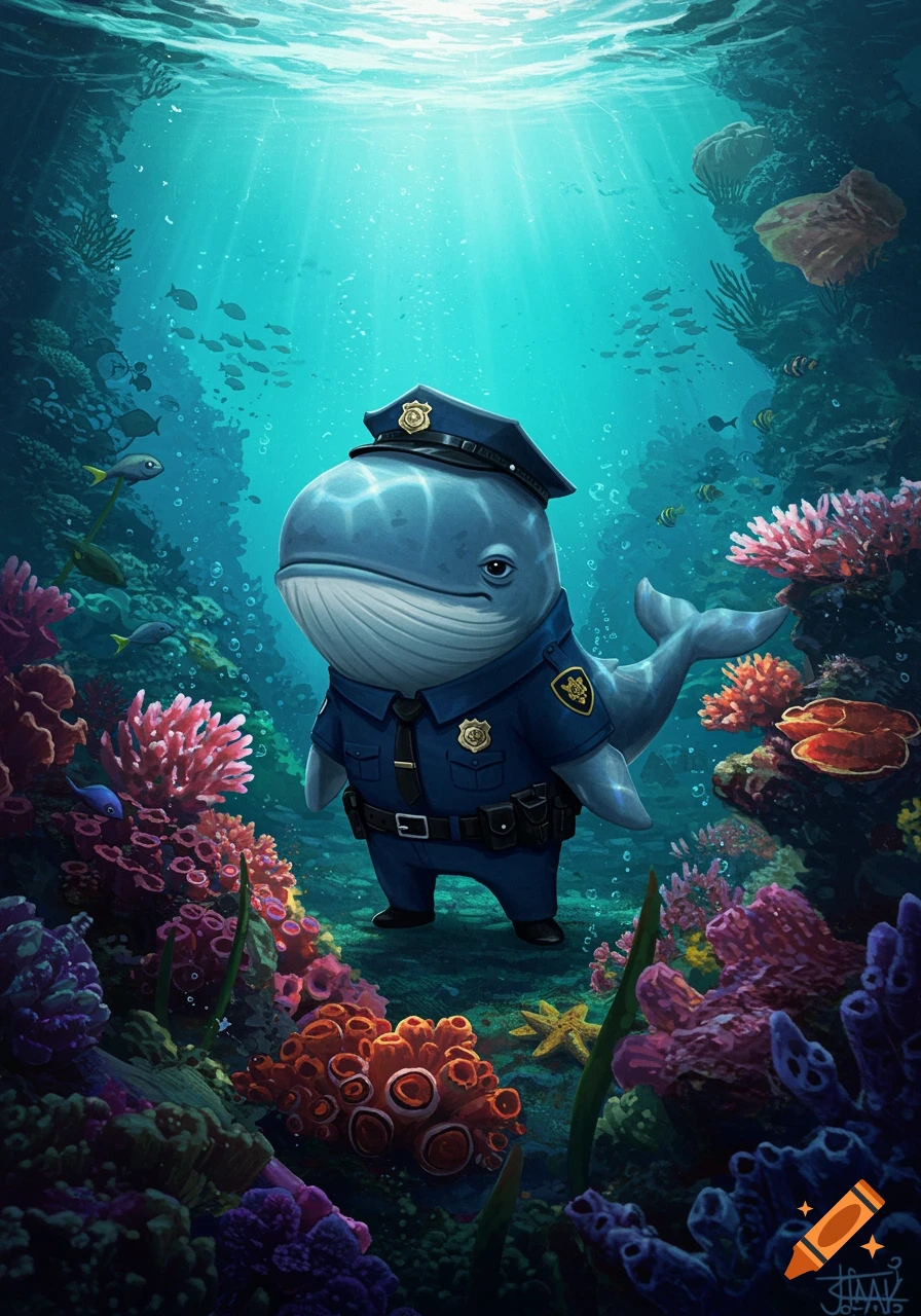 A cartoon whale police officer stands on the ocean floor surrounded by ...