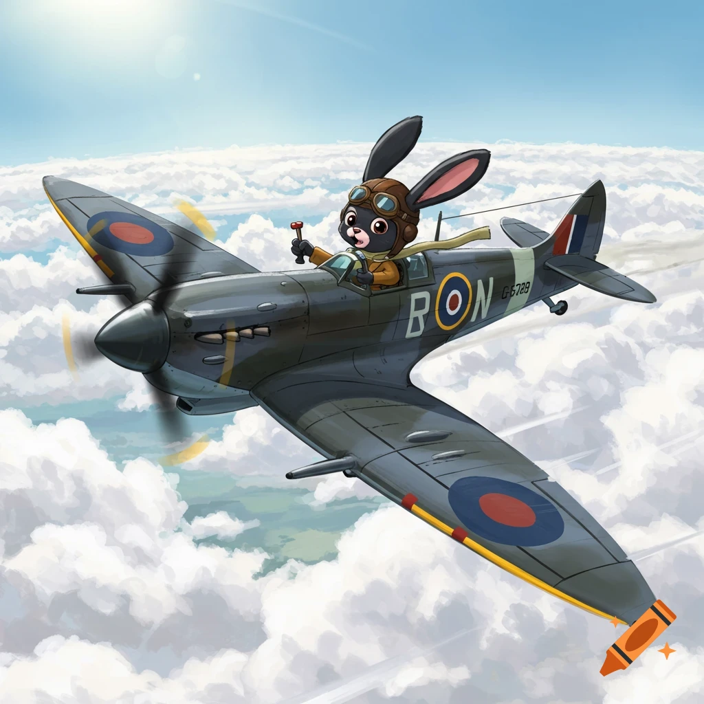 A cartoon black rabbit pilot flies a Spitfire fighter plane through the ...