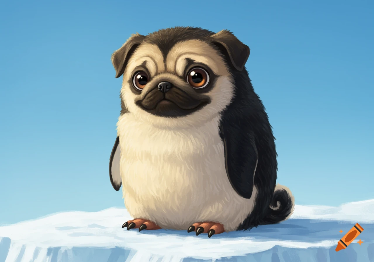 A cute cartoon pug-penguin hybrid stands on an ice floe. on Craiyon