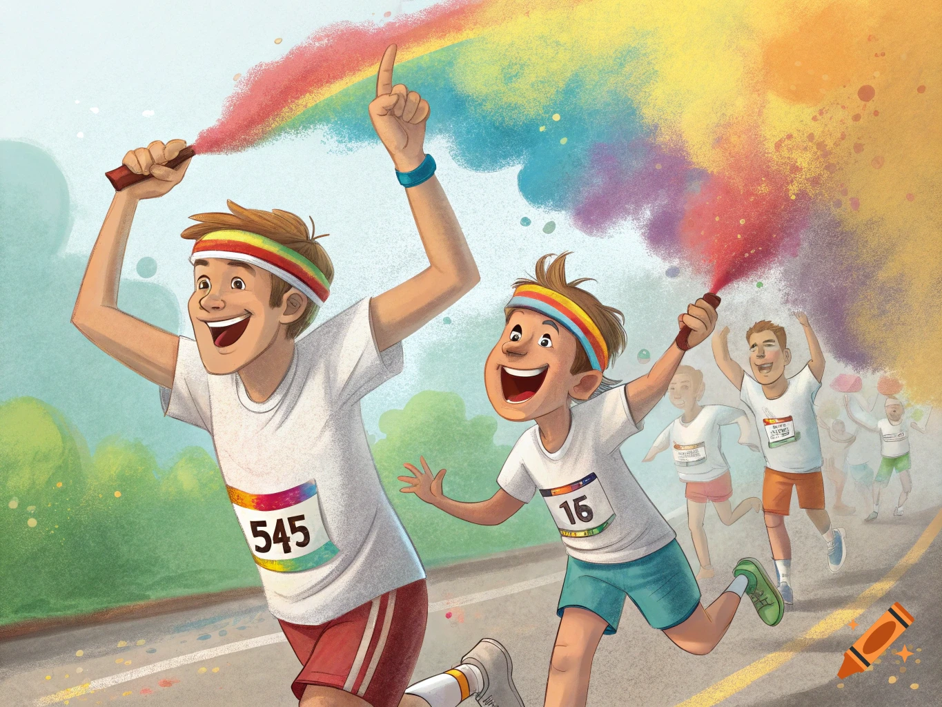 Illustration of happy people running in a color run, throwing colorful ...