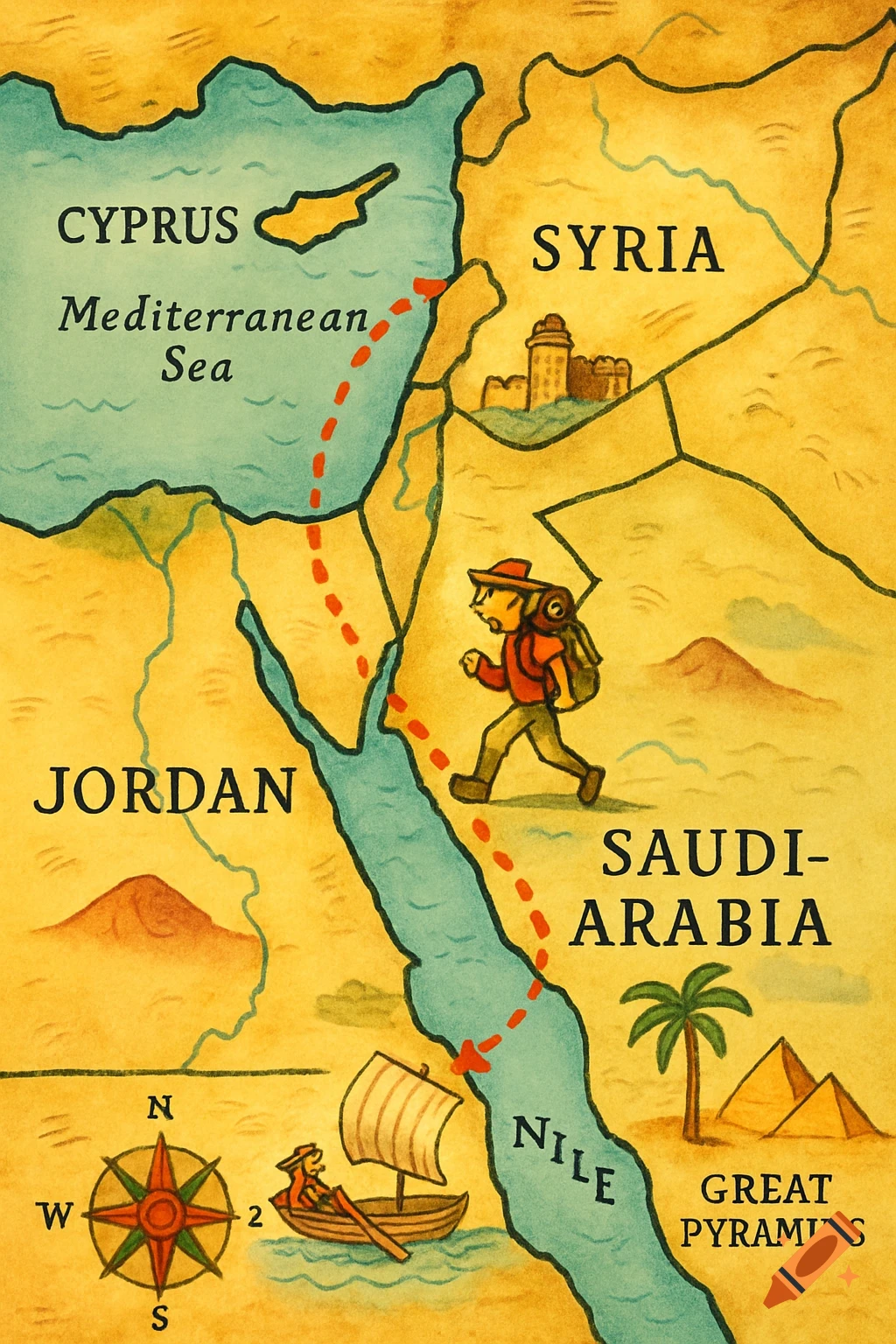 Illustrated map showing a journey through Cyprus, Syria, Jordan, Saudi ...
