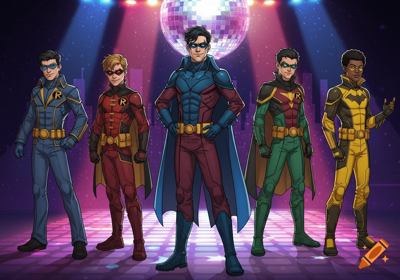 Illustration of five characters resembling Robins in disco superhero ...