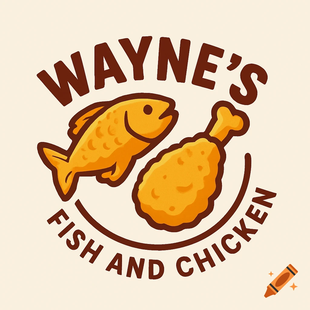 Logo with cartoon fish and fried chicken leg, text reads 'WAYNE'S FISH ...