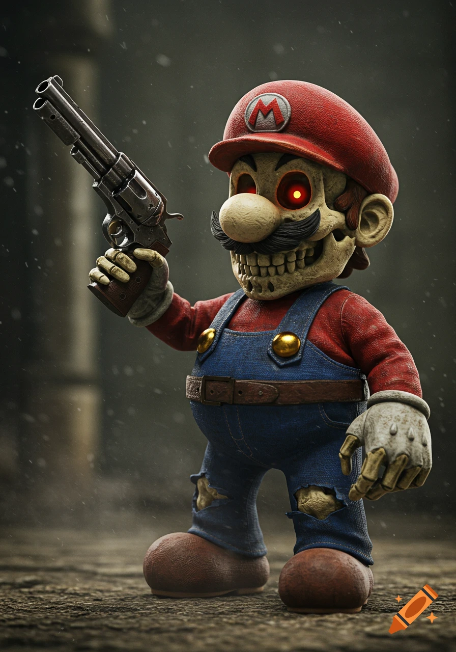 Realistic rendering of a skeleton Mario holding a revolver. on Craiyon