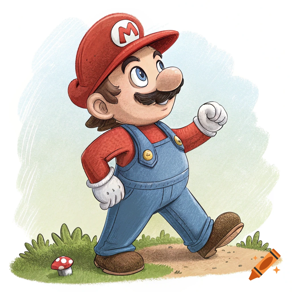 Illustration of the video game character Mario walking next to a Super ...