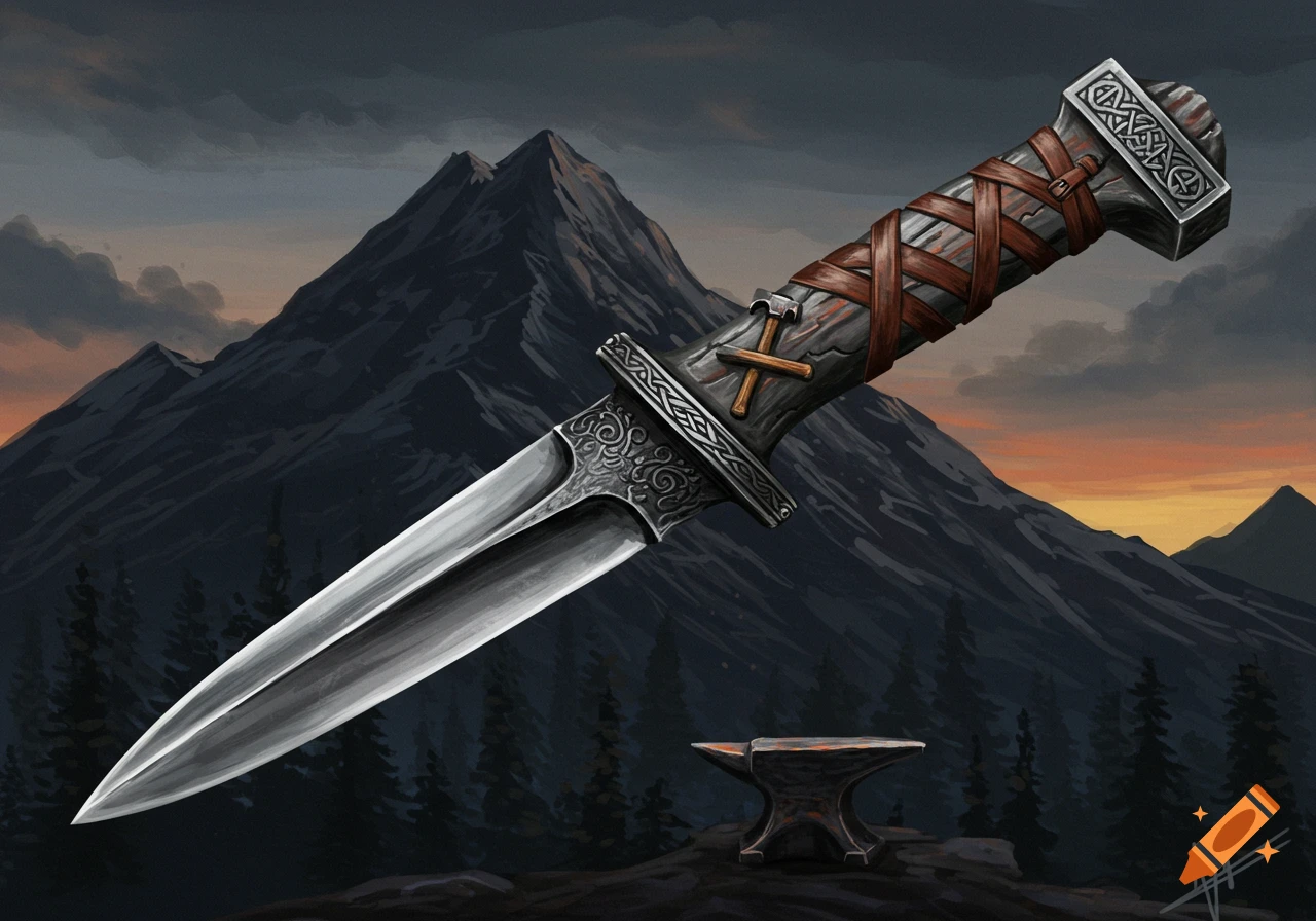 Digital painting of a Viking dagger with an anvil in the foreground ...