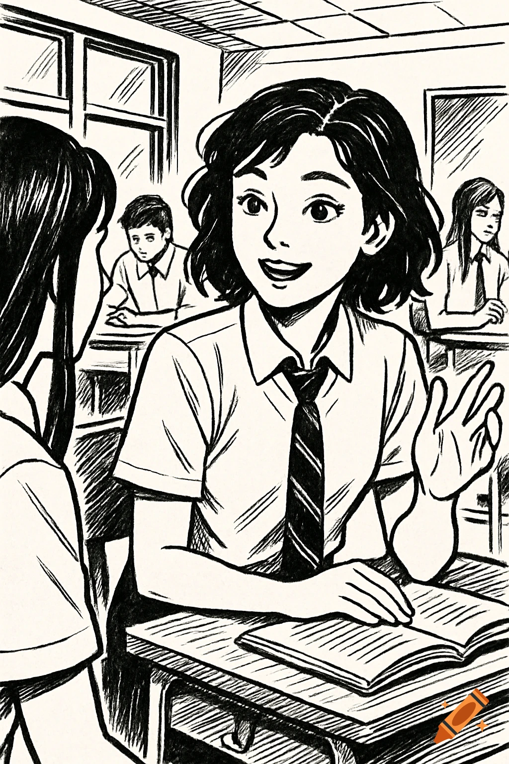 Graphic novel drawing of high school students in a classroom. on Craiyon