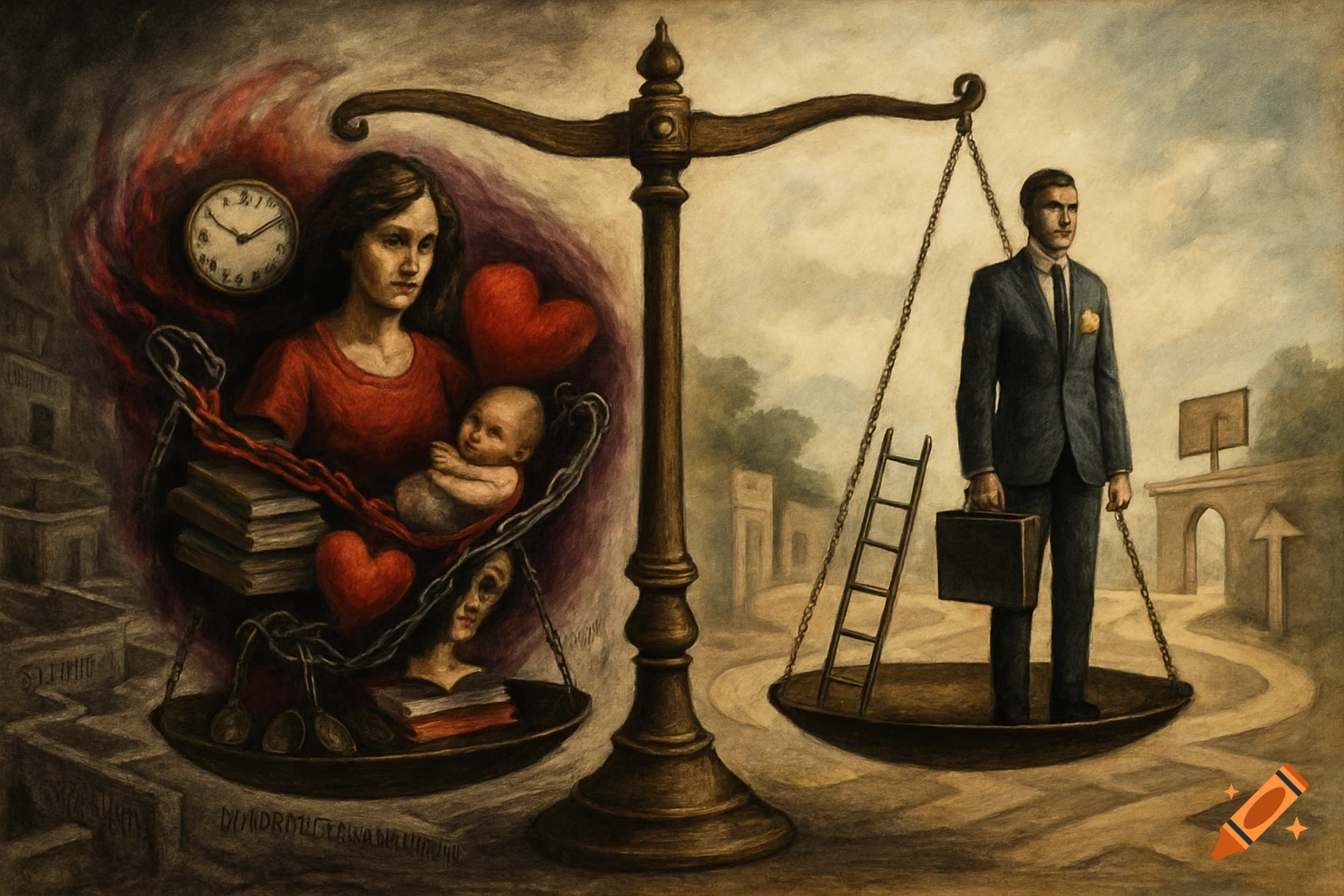 Symbolic painting of a balance scale showing a woman burdened with ...
