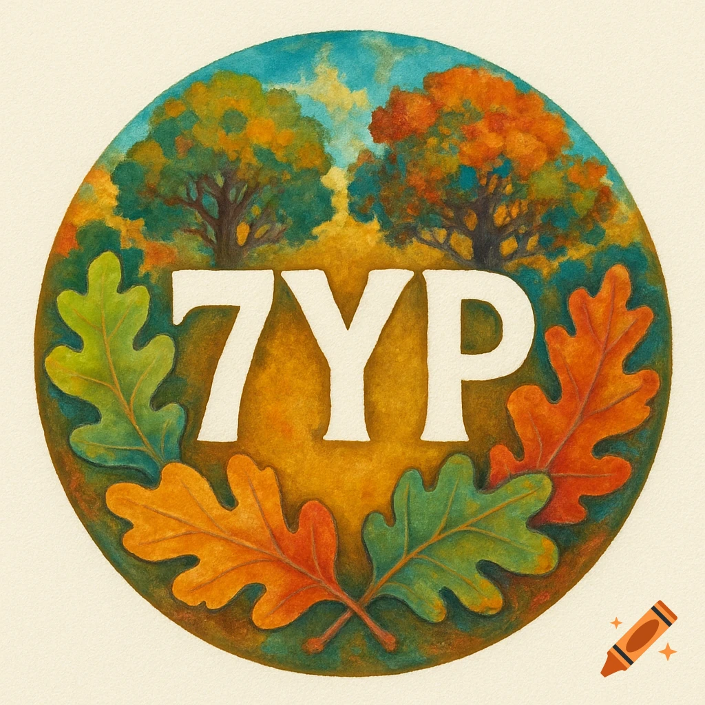 Circular logo with text '7YP' surrounded by autumn trees and oak leaves in a watercolor style ...
