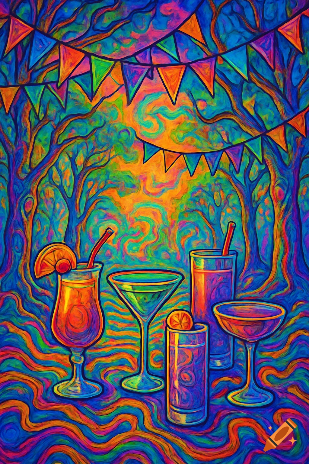 Psychedelic painting of cocktails at a party in a wooded glade with ...