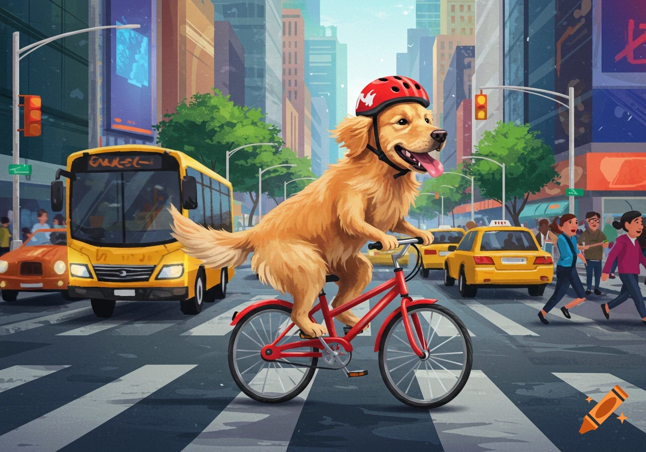 An illustration of a golden retriever dog riding a bicycle on a busy ...
