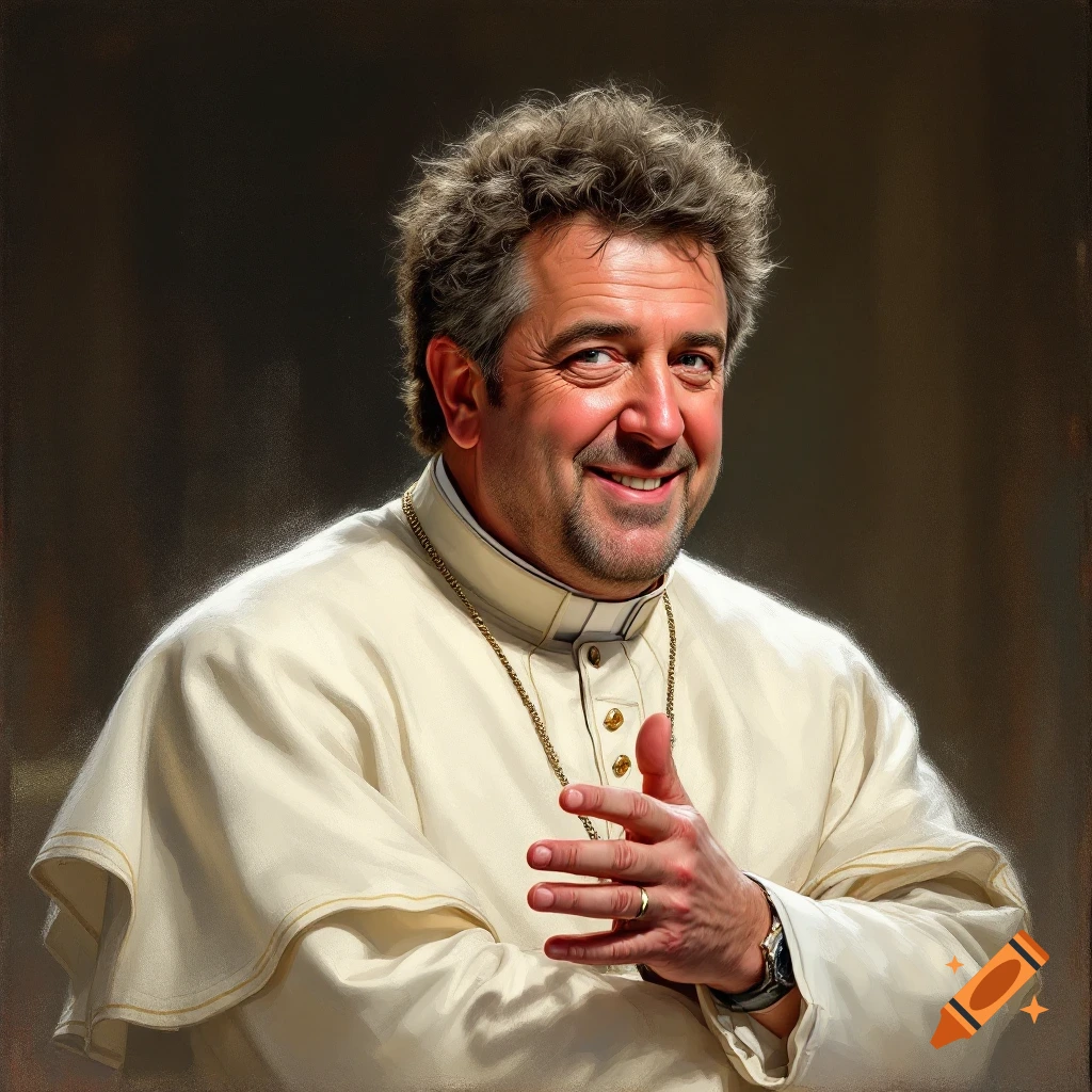 Portrait of a smiling man resembling Jeremy Clarkson dressed as a Pope ...