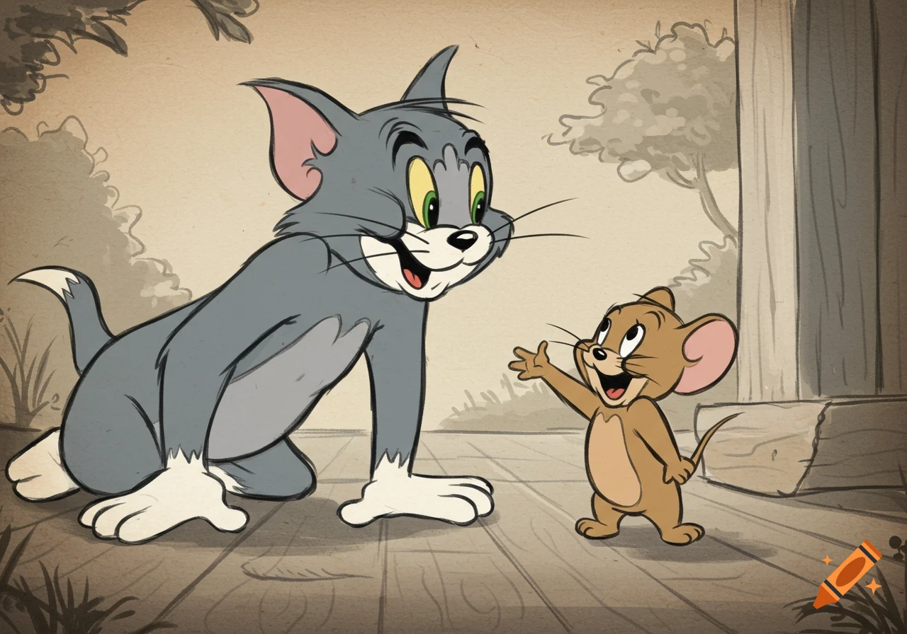 Tom the cat looks down at Jerry the mouse who waves, classic cartoon ...