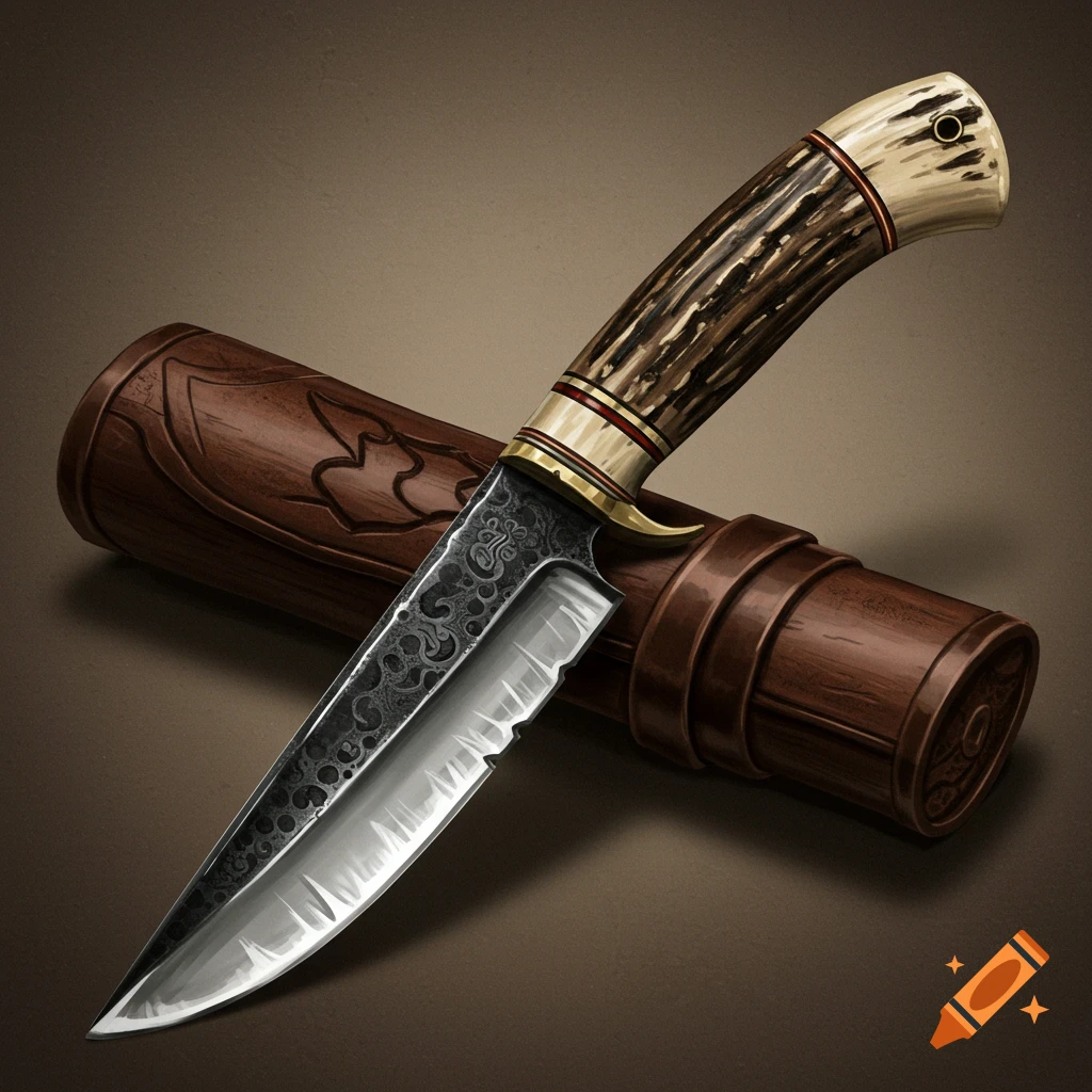 A custom traditional knife with an antler handle and etched blade next ...