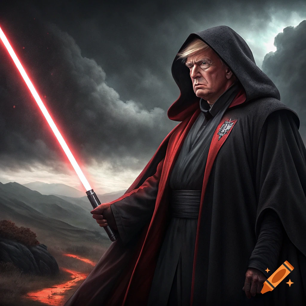 Donald Trump dressed as a Sith Lord holds a red lightsaber in a ...