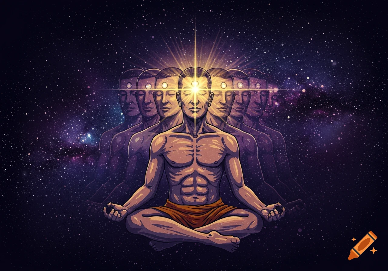 Illustration of a person meditating in space with fading heads and a ...